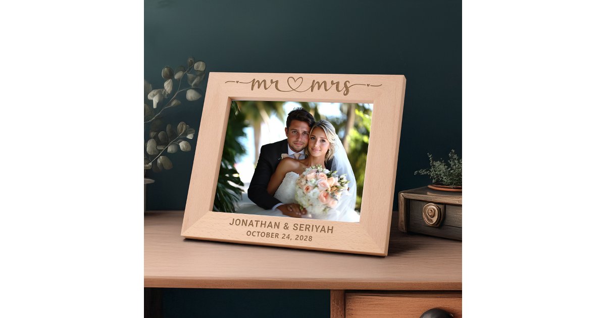 Rustic Script Wedding Heart Arrows Mr Mrs Etched Frames | Zazzle