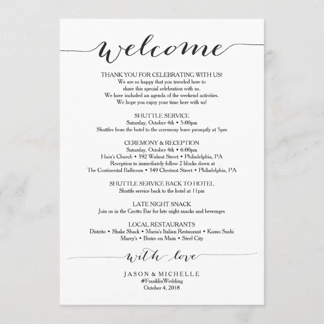 Rustic Script Wedding Itinerary - Wedding Welcome Program | Zazzle