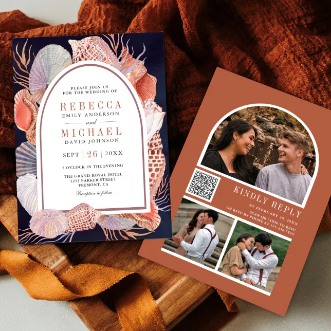 Rustic Seashell Nautical Navy Blue QR Code Wedding Invitation | Zazzle