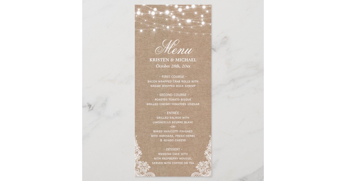 Rustic Shabby Wedding Menu | String Lights Lace | Zazzle