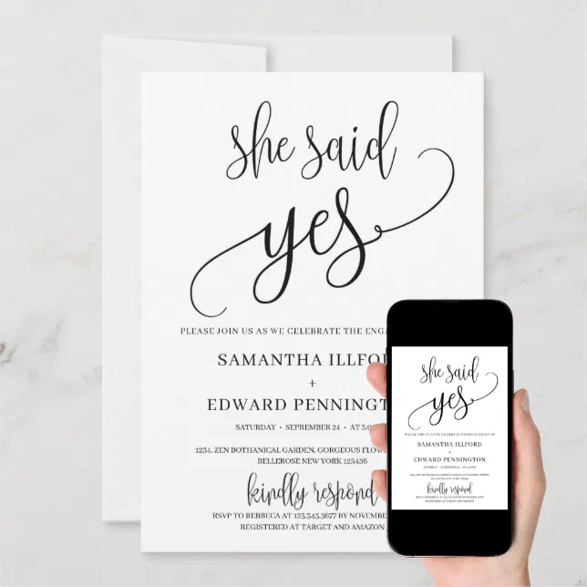 Rustic she said yes modern callygraphy engagement invitation | Zazzle
