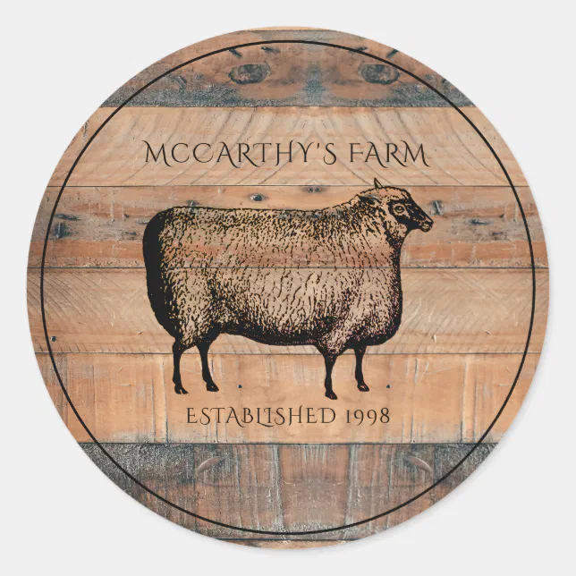 Rustic Sheep Shiplap Barn Wood Custom Farm Logo Classic Round Sticker ...