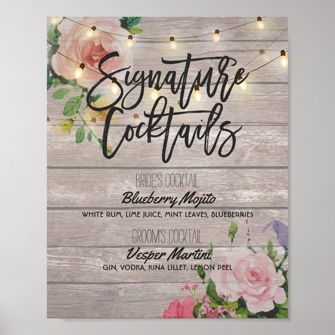 Rustic Signature Cocktail Drink Menu Wedding Decor | Zazzle