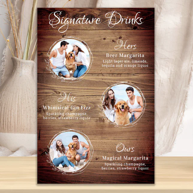 Rustic Signature Drinks 3 Photo Dog Pet Wedding Poster | Zazzle