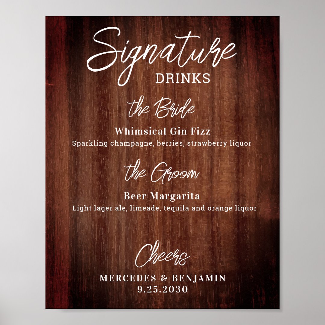Rustic Signature Drinks Personalized Wedding Bar Poster | Zazzle