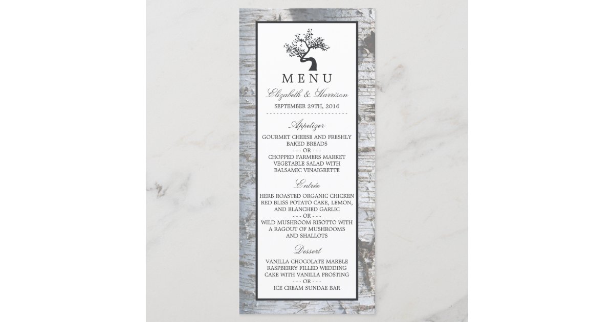 Rustic Silver Birch Tree Wedding Menu | Zazzle