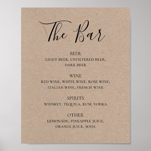 Rustic simple script wedding drinks bar menu poster | Zazzle