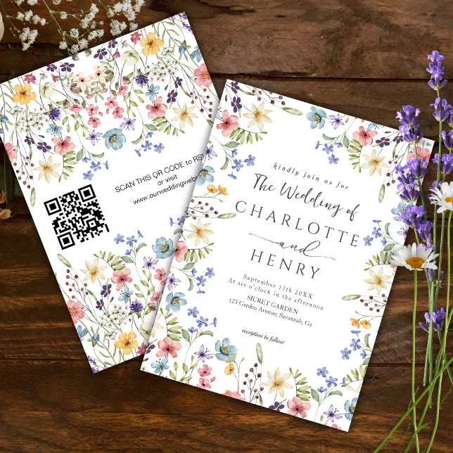 Rustic Simple Wildflower White QR Code Wedding Invitation | Zazzle