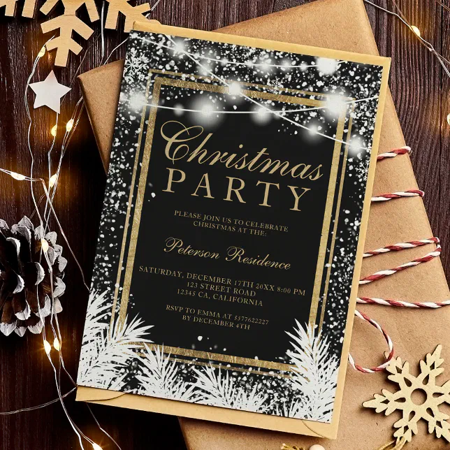 Rustic snow black Christmas pine string lights Invitation | Zazzle
