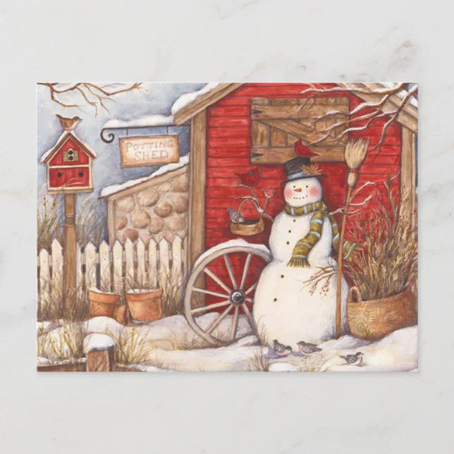 Rustic Snowman Winter Scene Postcard | Zazzle