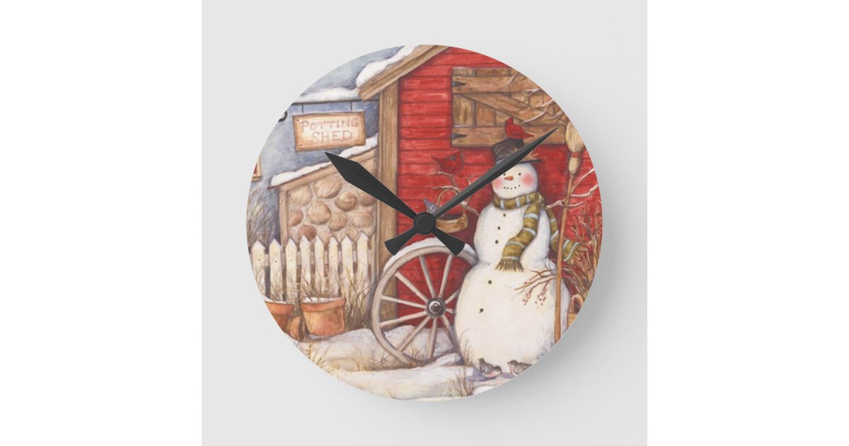 Rustic Snowman Winter Scene Round Clock | Zazzle