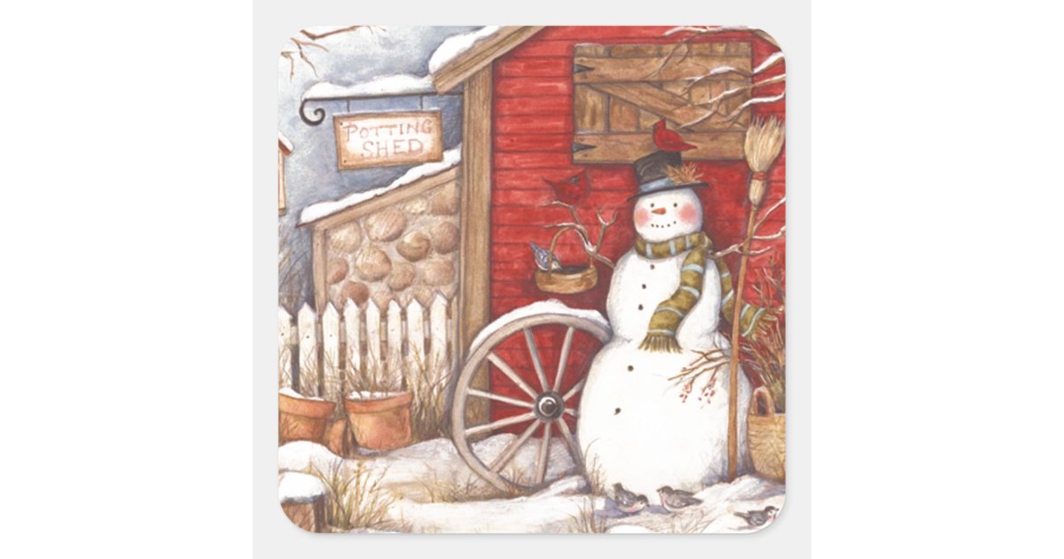 Rustic Snowman Winter Scene Square Sticker | Zazzle