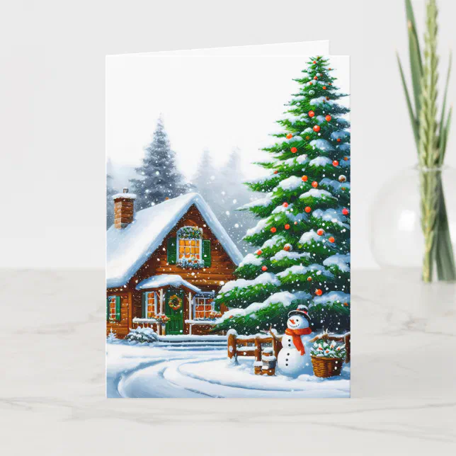 Rustic Snowy Log Cabin Christmas Greeting Card | Zazzle