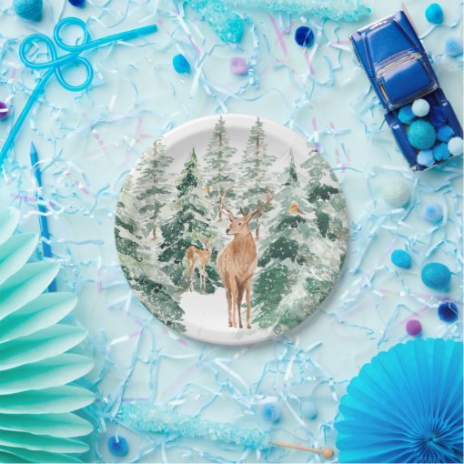 Rustic Snowy Winter Woodland Deer Paper Plates | Zazzle