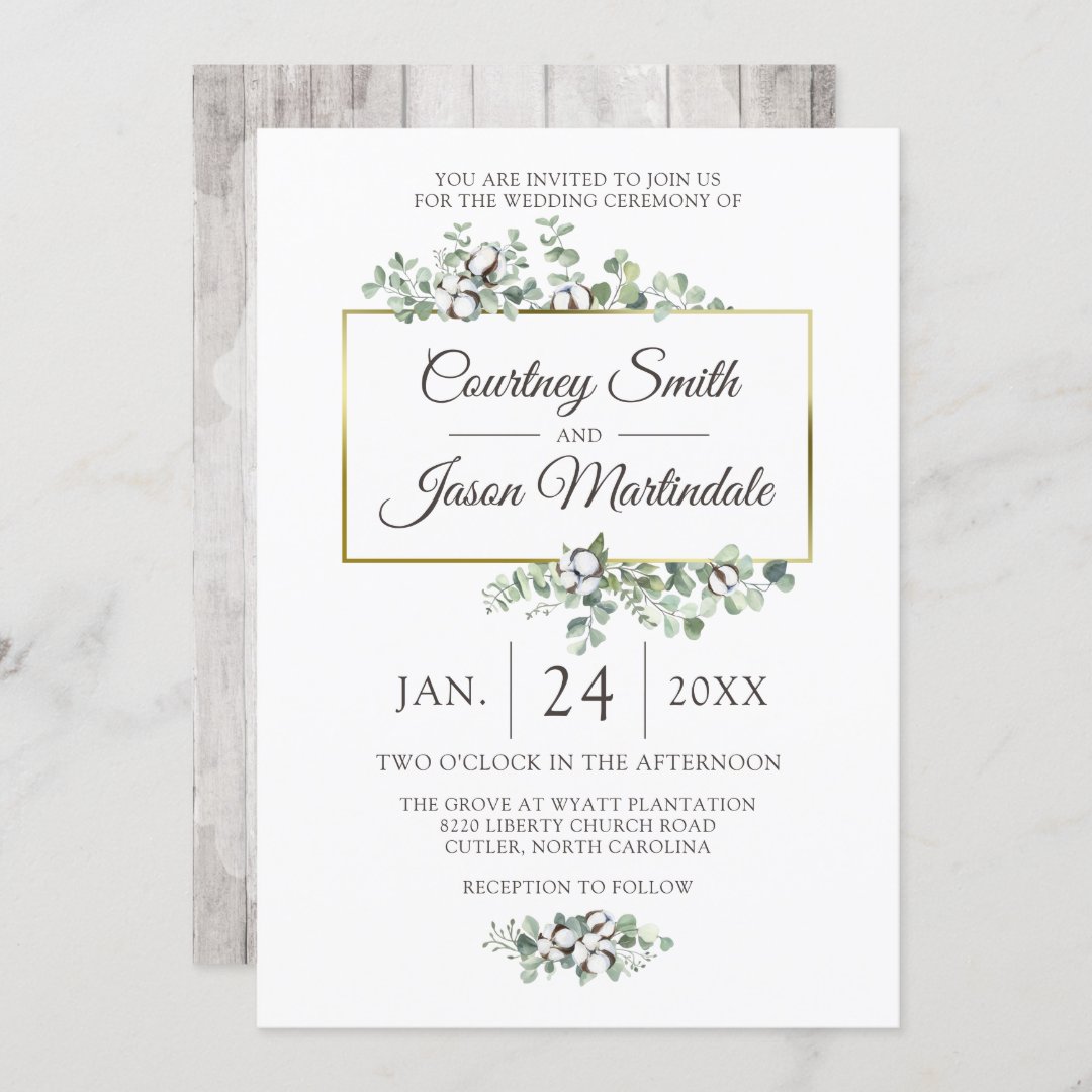 Rustic Southern Cotton Boll Botanical Wedding Invitation | Zazzle