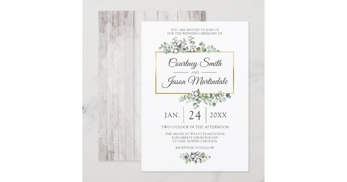 Rustic Southern Cotton Boll Botanical Wedding Invitation | Zazzle