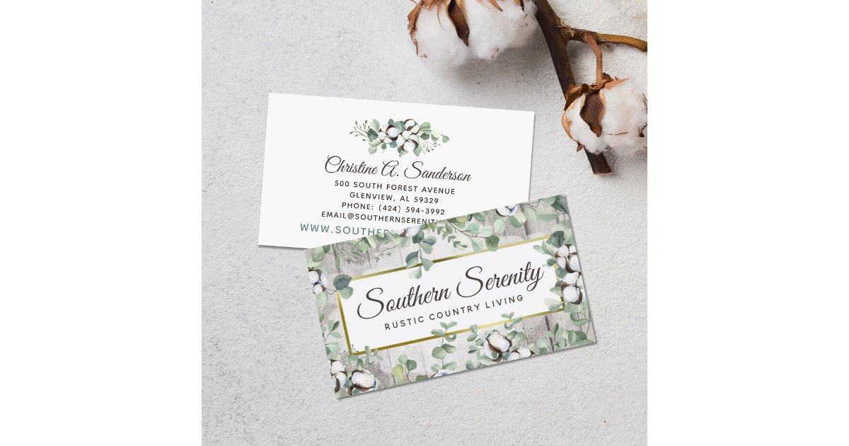 Rustic Southern Watercolor Cotton & Botanical Business Card | Zazzle