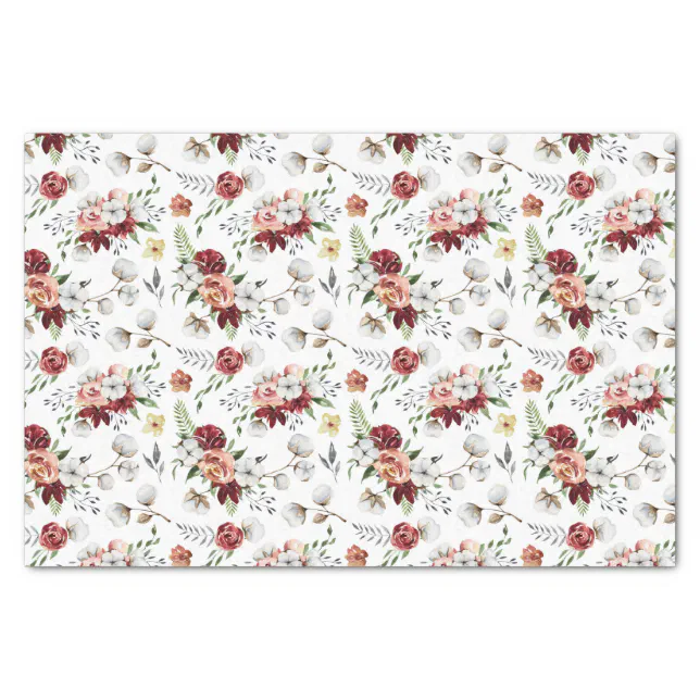 Rustic Southern Watercolor Floral & Cotton Pattern Tissue Paper | Zazzle