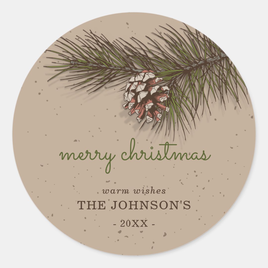 Rustic Sprig Pine Merry Christmas Classic Round Sticker | Zazzle