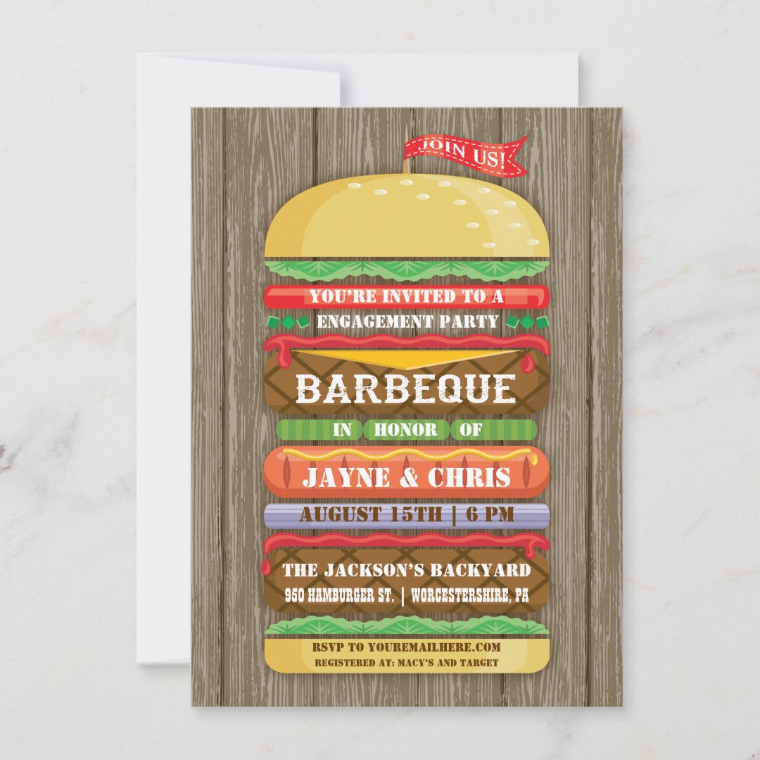 Rustic Stacked Hamburger Engagement Party BBQ 2 Invitation | Zazzle
