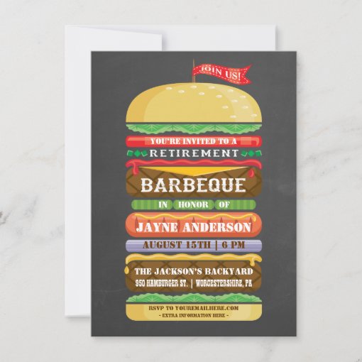 Rustic Stacked Hamburger Retirement BBQ Invitation | Zazzle