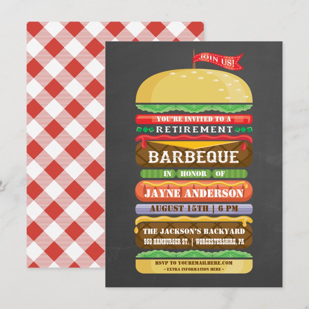 Rustic Stacked Hamburger Retirement BBQ Invitation | Zazzle