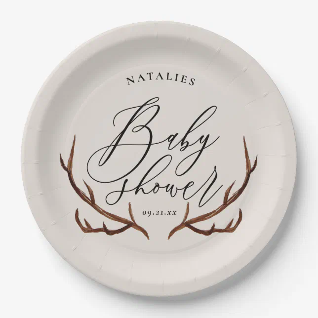 Rustic stag antlers baby shower party paper plates | Zazzle