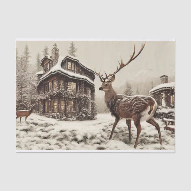 Rustic Stag Deer in Winter Decoupage Tissue Paper | Zazzle