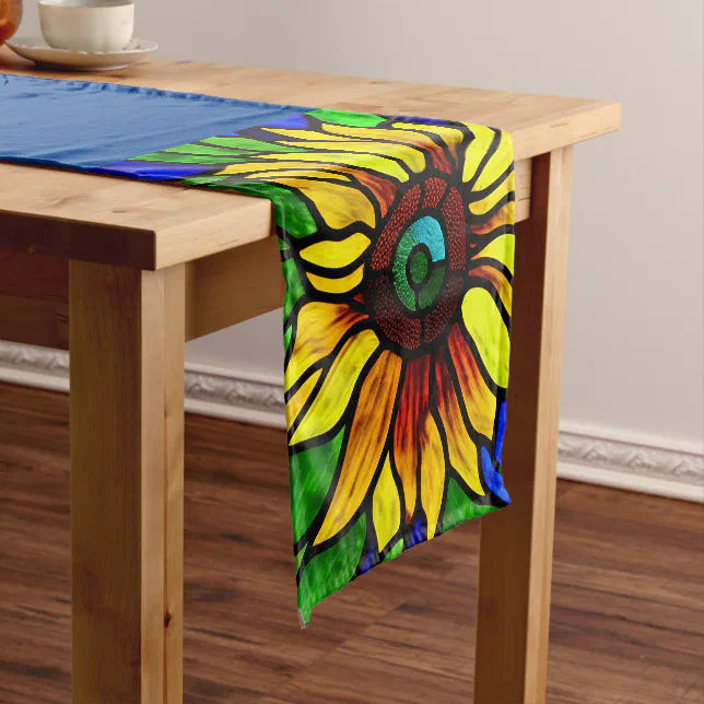 Rustic Stained Glass Look Country Sunflower Short Table Runner | Zazzle