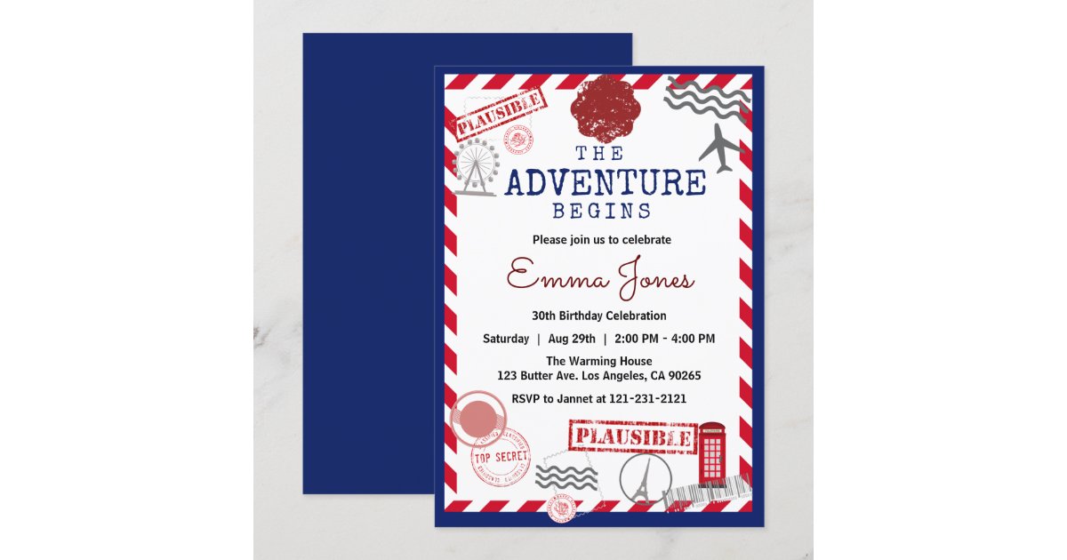 Rustic Stamp Destination Birthday Adventure Begins Invitation | Zazzle