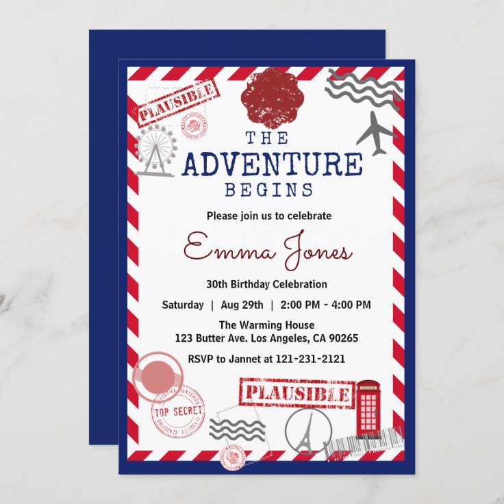 Rustic Stamp Destination Birthday Adventure Begins Invitation | Zazzle