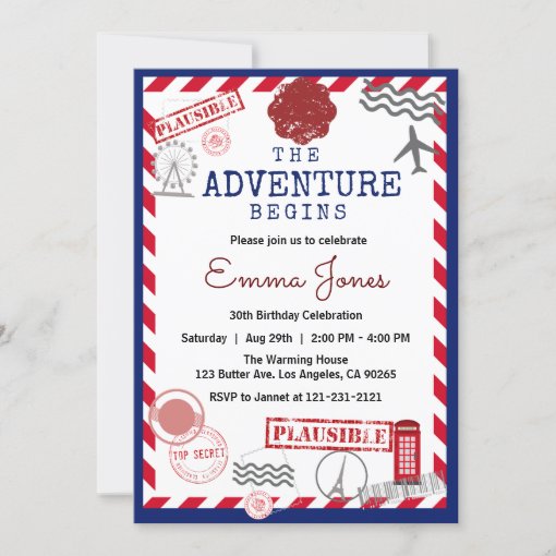 Rustic Stamp Destination Birthday Adventure Begins Invitation | Zazzle