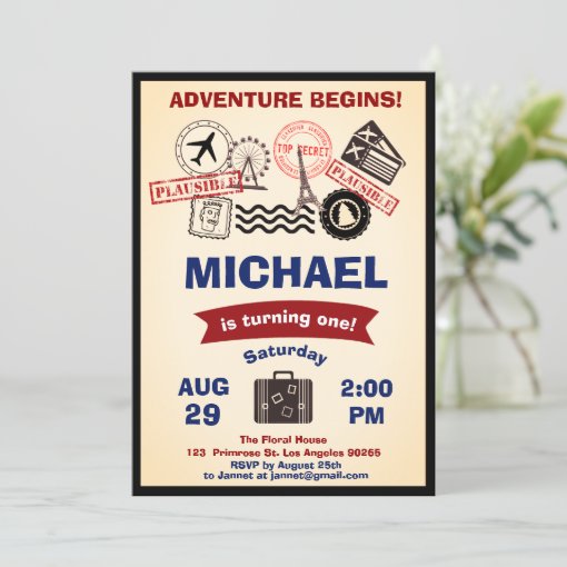 Rustic Stamp Destination Birthday Luggage Travels Invitation | Zazzle
