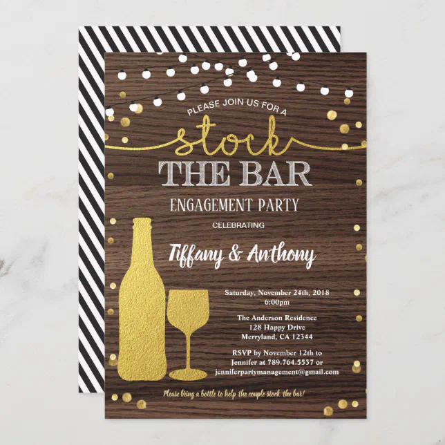 Rustic stock the bar engagement party gold invitation | Zazzle