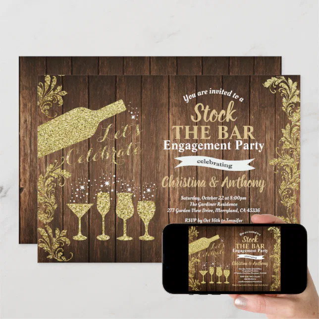 Rustic stock the bar engagement party gold invitation | Zazzle