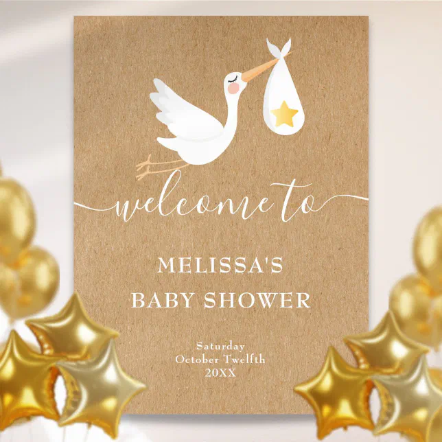Rustic Stork Gold Star Baby Shower Welcome Sign | Zazzle