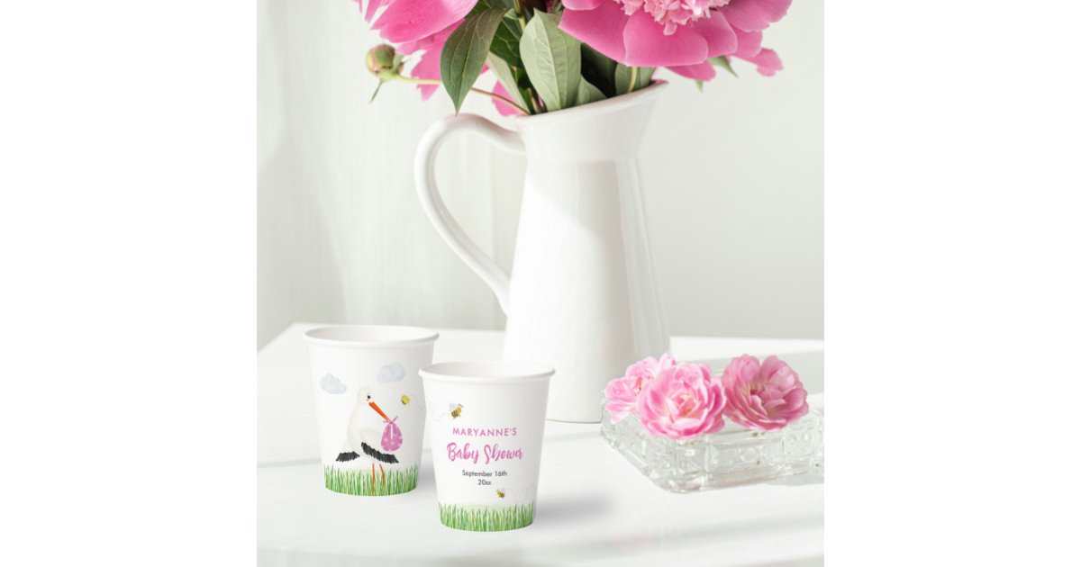 Rustic Stork with Bee & Butterfly Girl Baby Shower Paper Cups | Zazzle