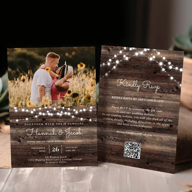 Rustic String Light Barn Wood QR Code RSVP Wedding Invitation | Zazzle