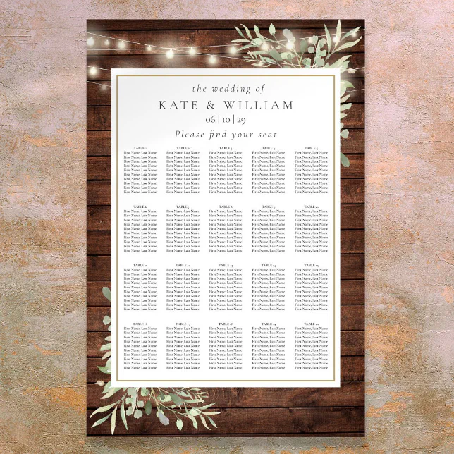 Rustic String Light Greenery Wedding Seating Chart | Zazzle