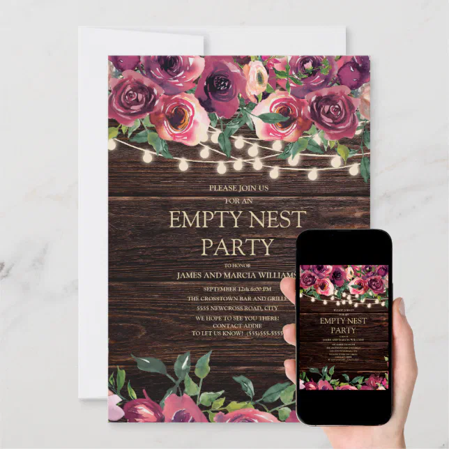 Rustic String Light Purple Floral Empty Nest Party Invitation | Zazzle