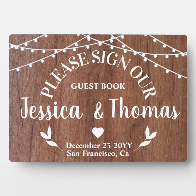 Rustic String Light wedding Guest Book sign Plaque | Zazzle
