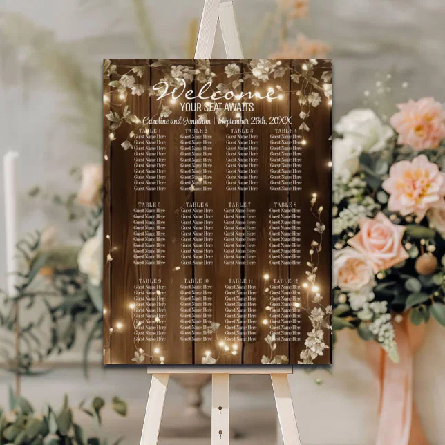 Rustic String Lights 12 Tables Seating Chart Foam Board | Zazzle
