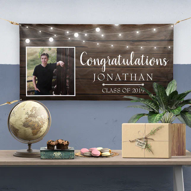 Rustic String Lights Barn Wood Graduation Banner | Zazzle