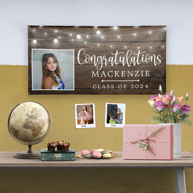 Rustic String Lights Barn Wood Graduation Photo Banner | Zazzle