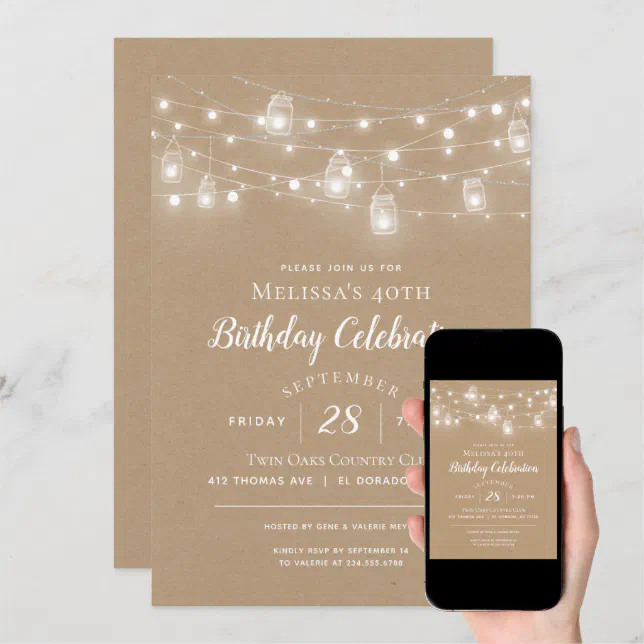 Rustic String Lights Birthday Party Invitation | Zazzle