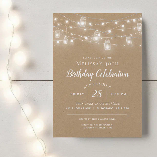 Rustic String Lights Birthday Party Invitation | Zazzle