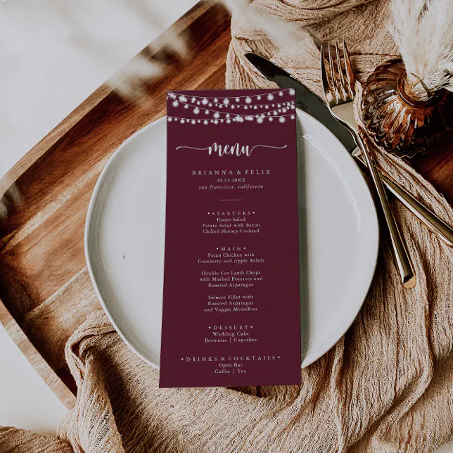 Rustic String Lights Burgundy Dinner Menu | Zazzle