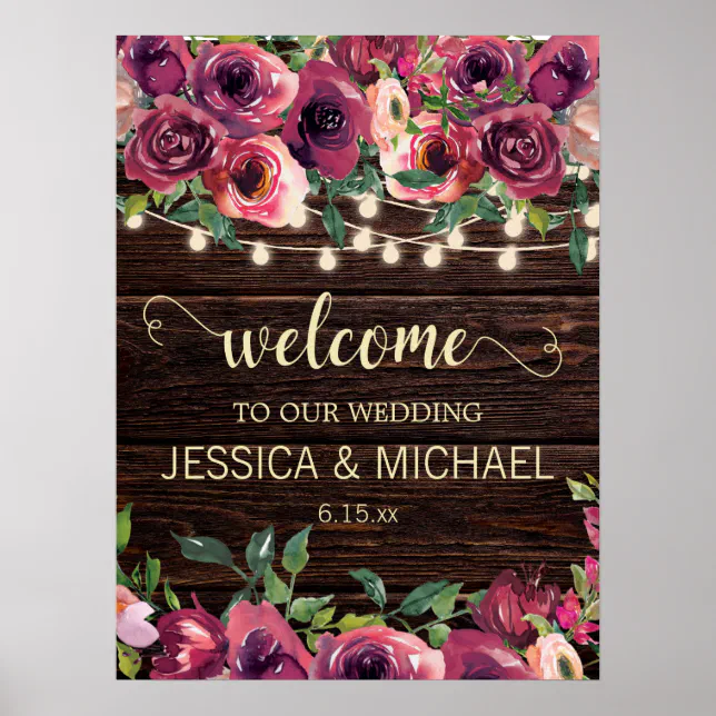 Rustic String Lights Burgundy Pink Floral Wedding Poster | Zazzle