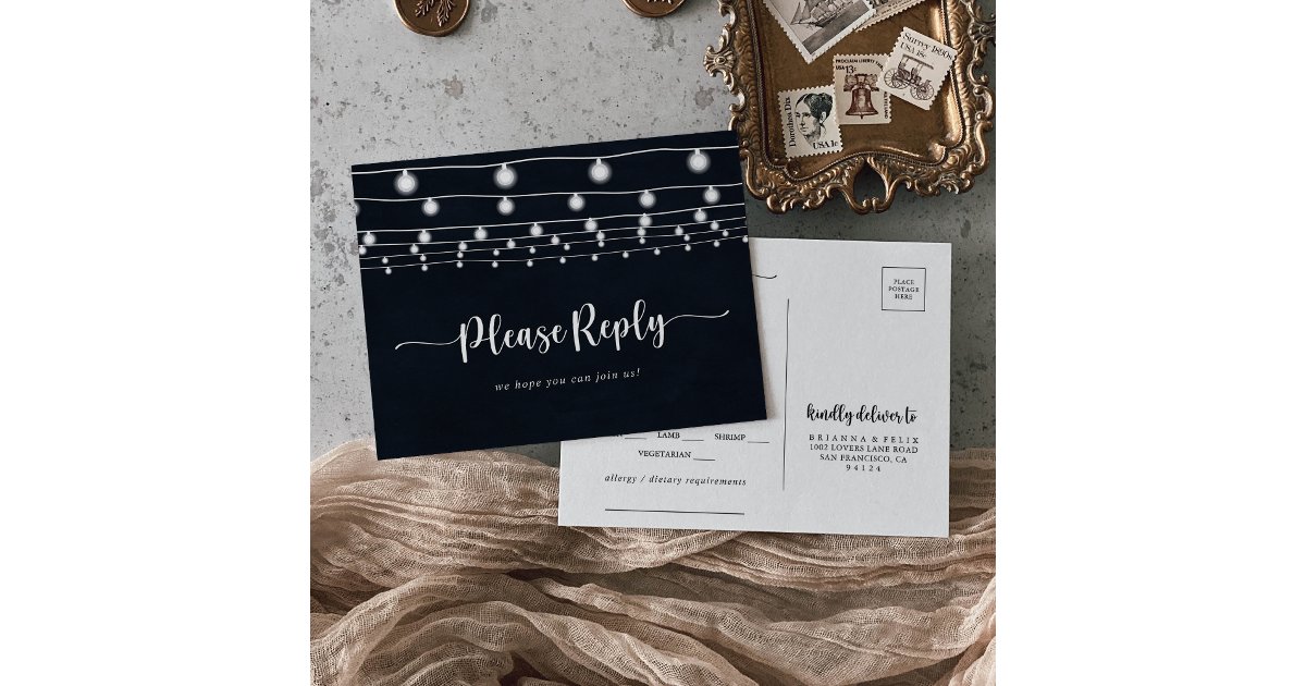 Rustic String Lights Calligraphy Menu Choice RSVP | Zazzle