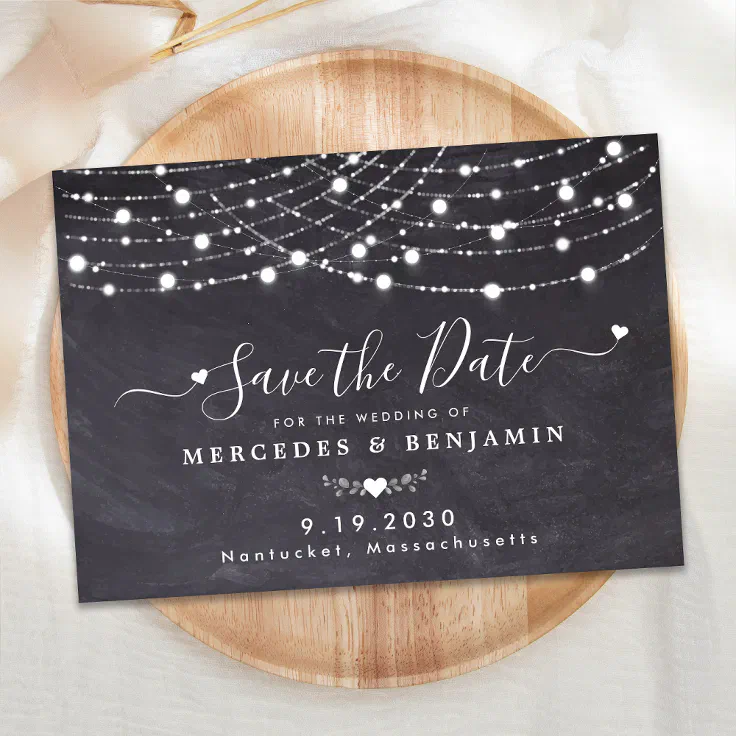 Rustic String Lights Chalkboard Slate Wedding Save The Date | Zazzle